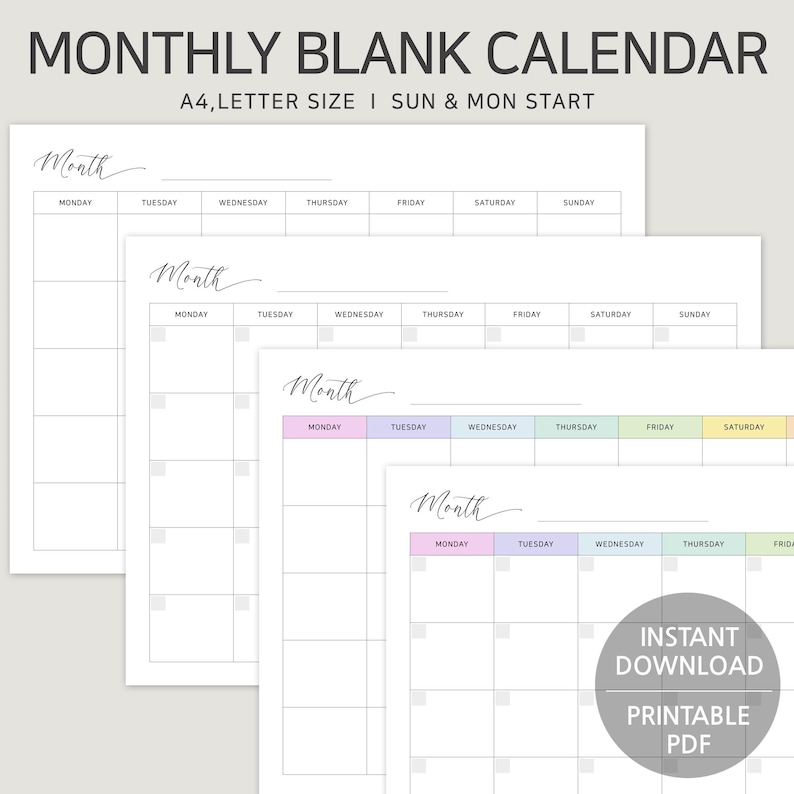 Blank Monthly Calendar: Minimalist Printable Planner (PDF) - Etsy