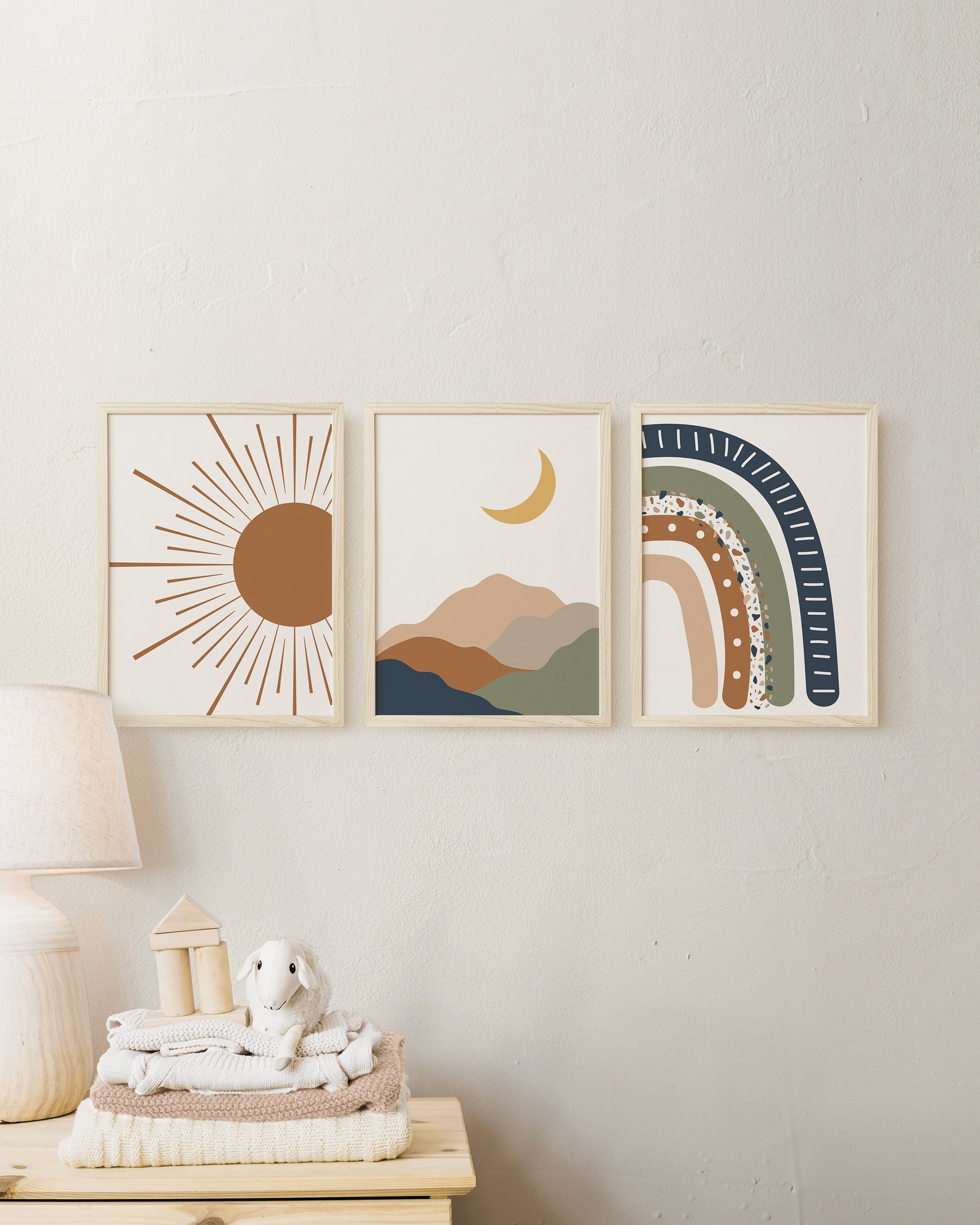 Boho Nursery Print Set of 3, Sun Rainbow Moon Baby Room Posters, Gender ...