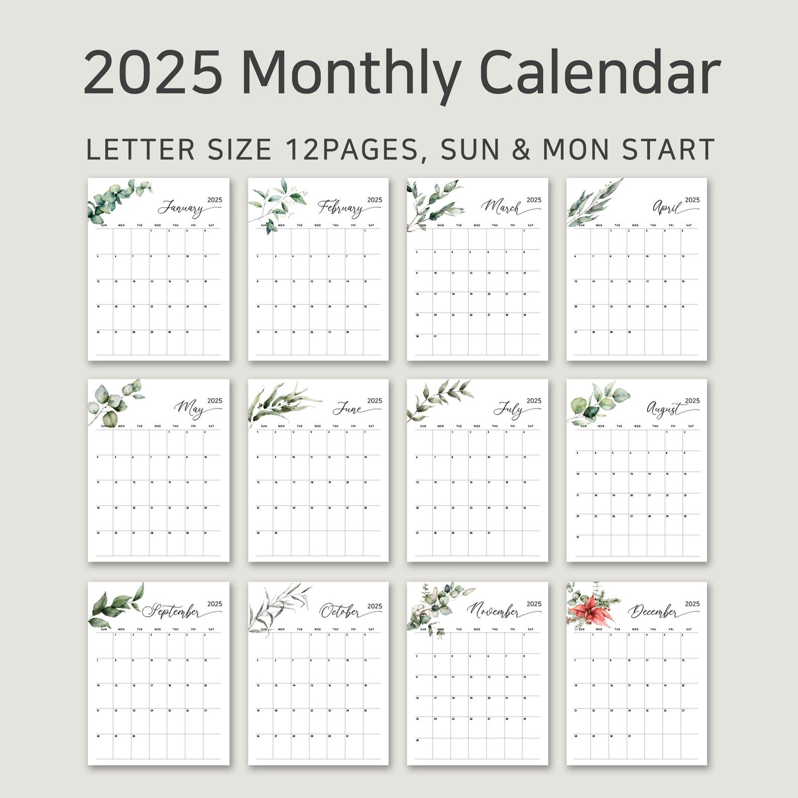 2025 Watercolor Eucalyptus Calendar: A4, Letter Size (PDF Digital ...