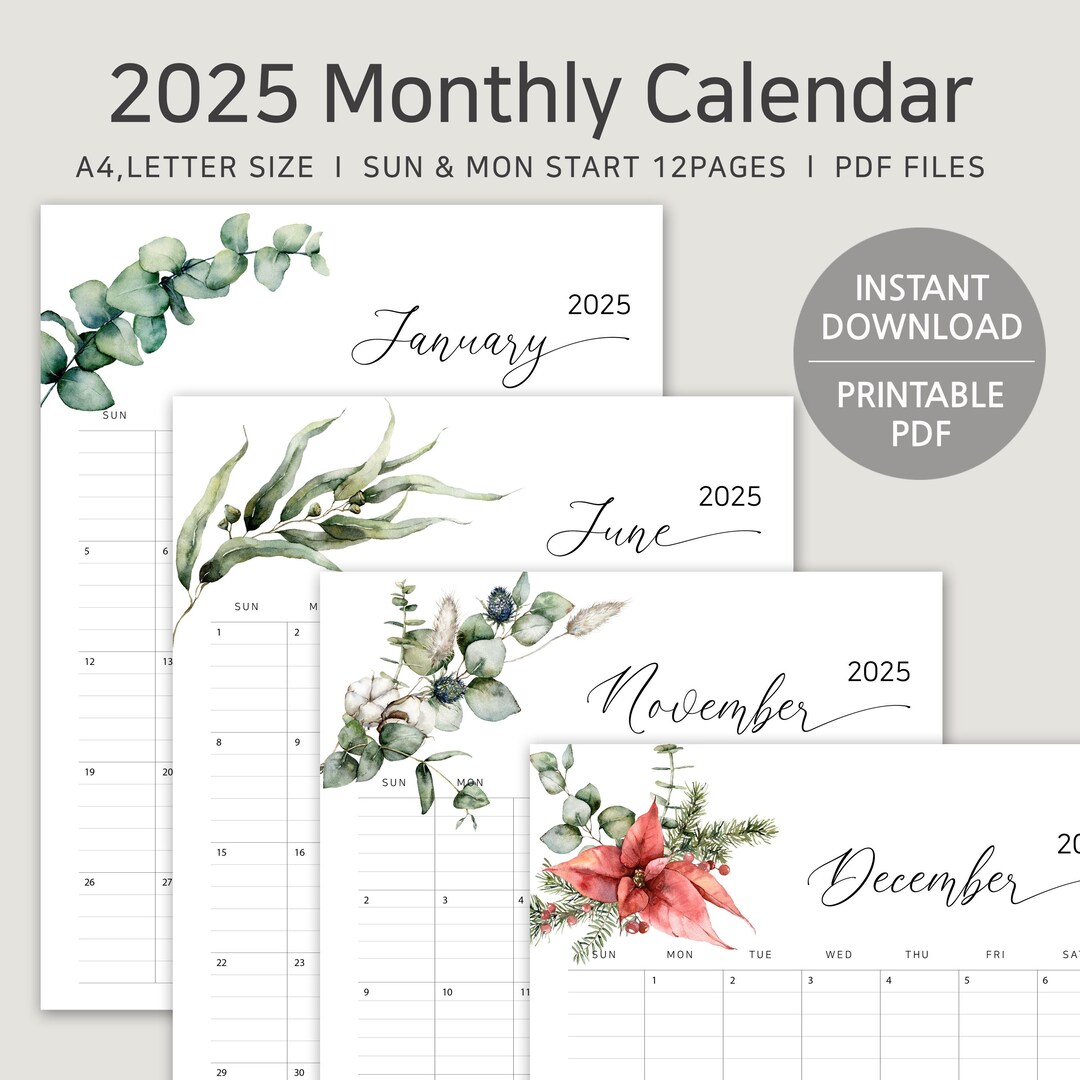 2025 Watercolor Leaf Calendar: A4/letter Size (PDF Digital Download) - Etsy