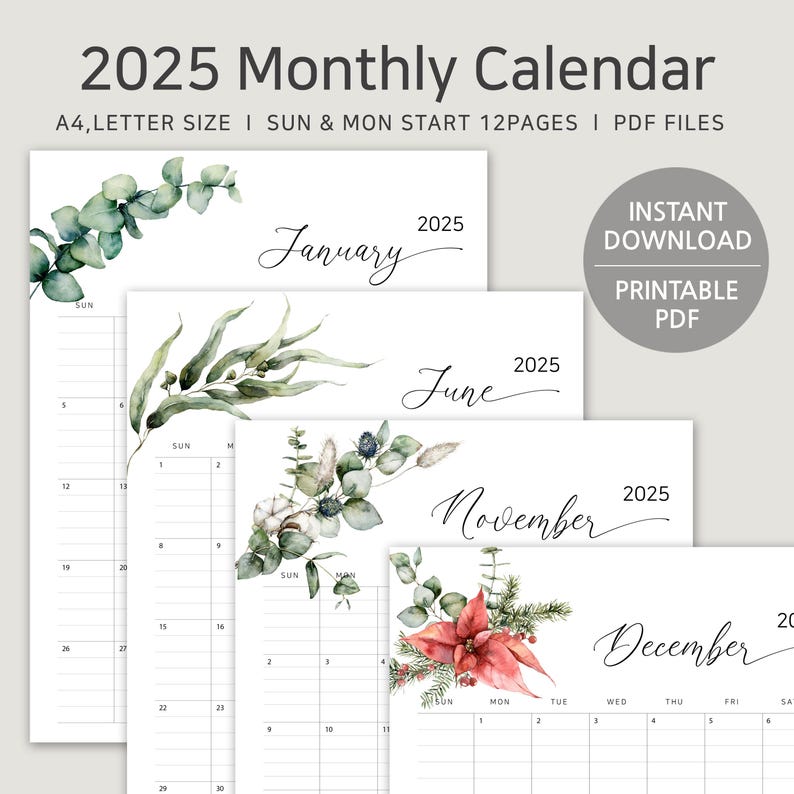 2025 Watercolor Leaf Calendar: A4/letter Size (PDF Digital Download) - Etsy