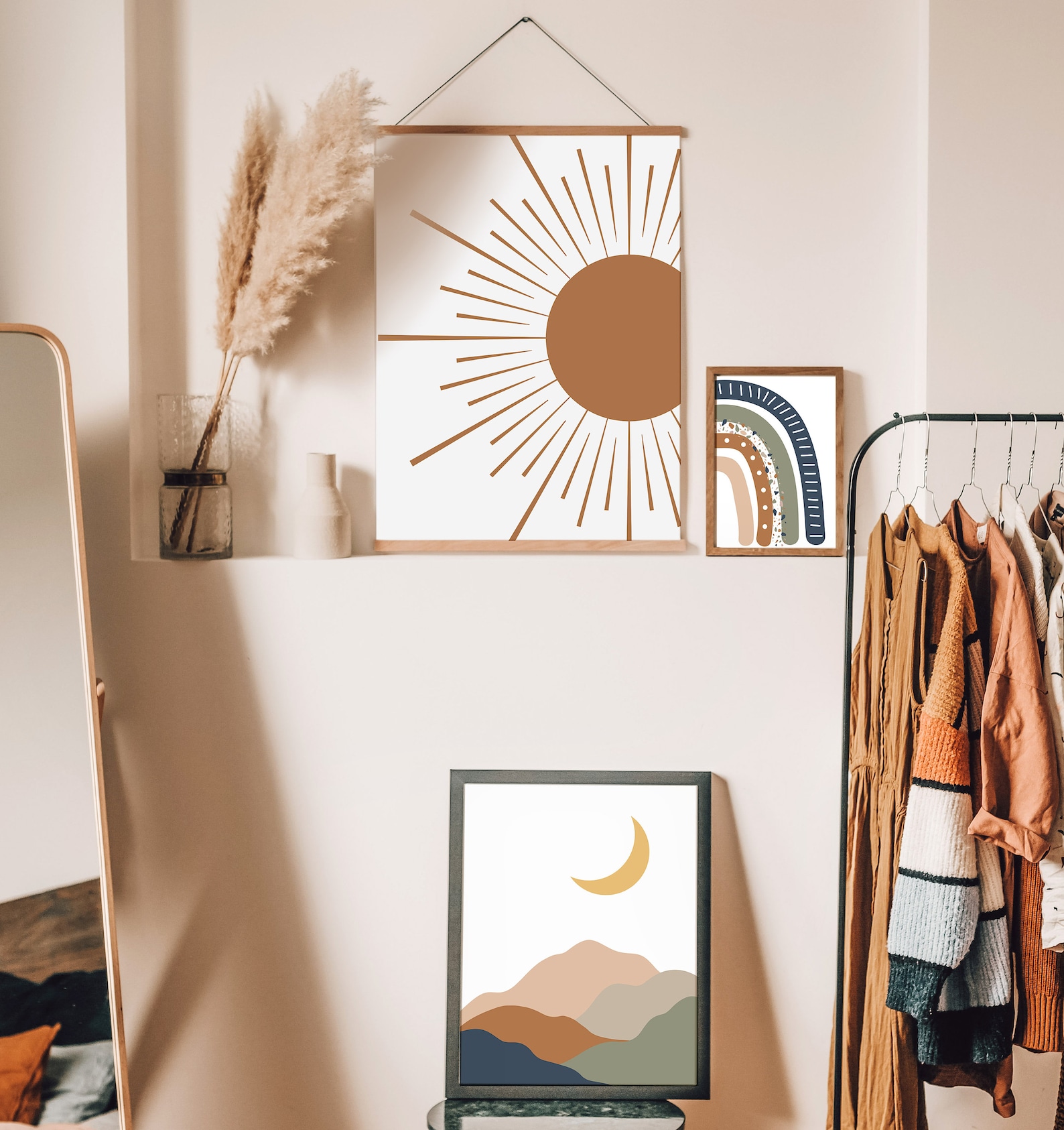 Boho Nursery Print Set of 3, Sun Rainbow Moon Baby Room Posters, Gender ...