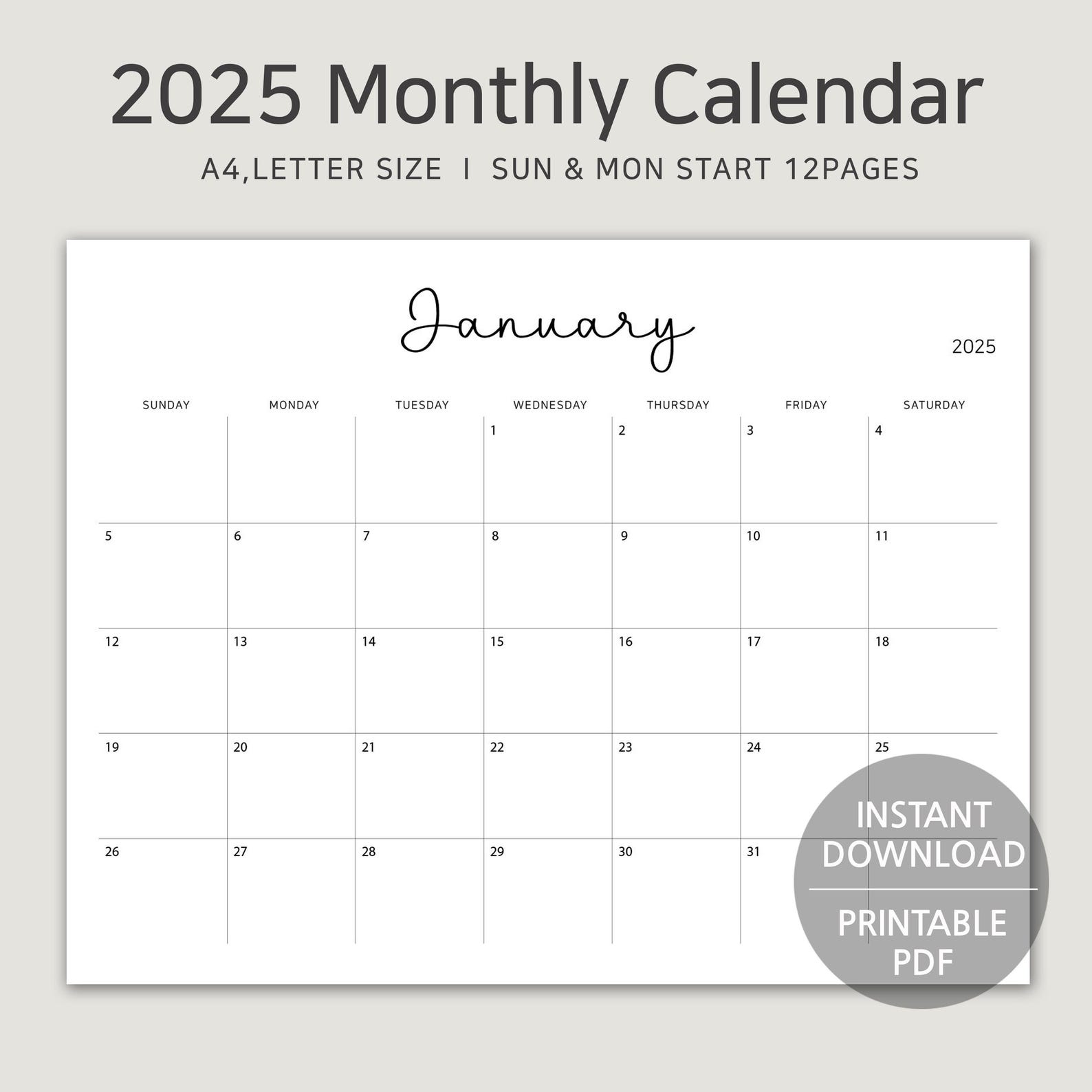 2025 Printable Calendar: Minimalist A4/letter Size (PDF Download) - Etsy