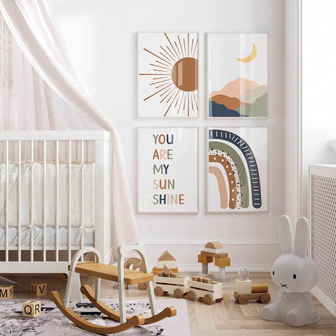 Boho Nursery Print Set of 4, Sun Rainbow Moon Baby Room Posters, Gender ...