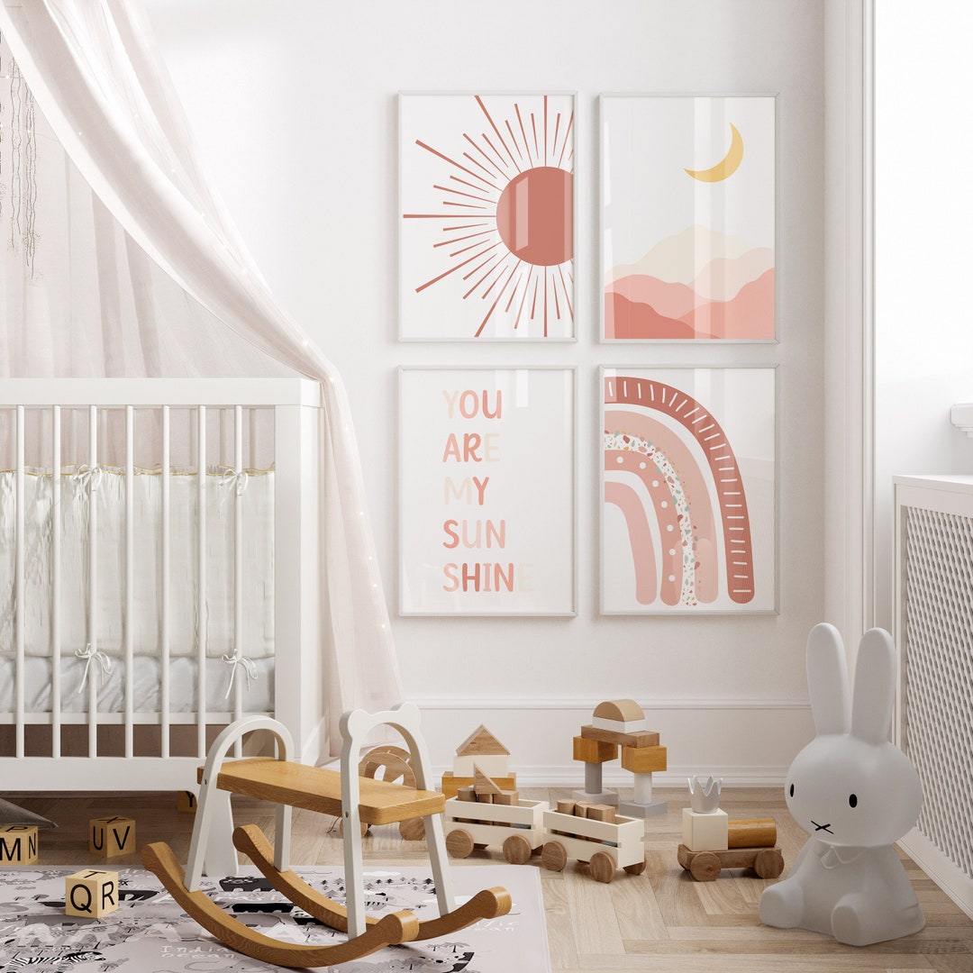 Boho Nursery Pink Print Set of 4, Sun Rainbow Moon Baby Room Posters ...