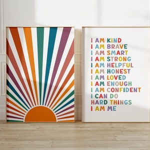 Kid Affirmation Wall Art, Playroom Poster Set Of2, I Am Kind I Am Loved ...