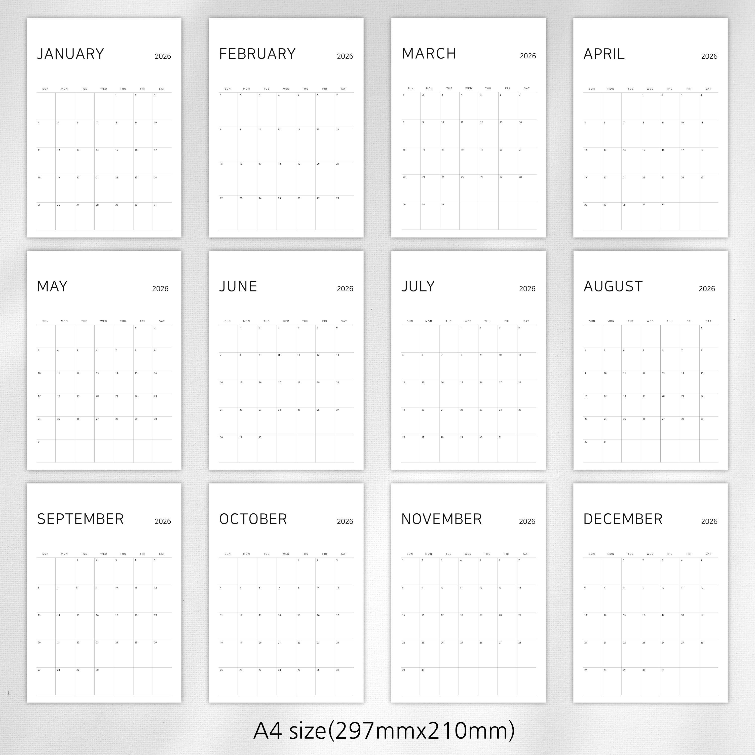 2026 Printable Calendar Portrait, A4 & Letter Size Monthly Planner ...