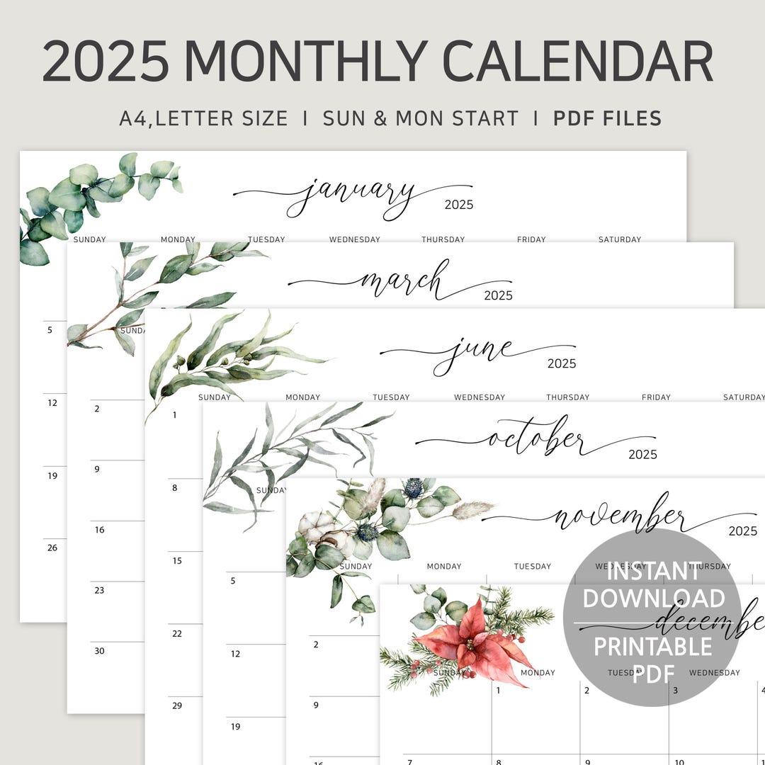 2025 Watercolor Eucalyptus Calendar: A4, Letter Size (PDF Digital ...
