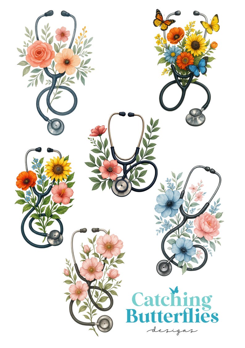 Floral Stethoscope Illustration, Clipart Bundle – Medical Print for ...