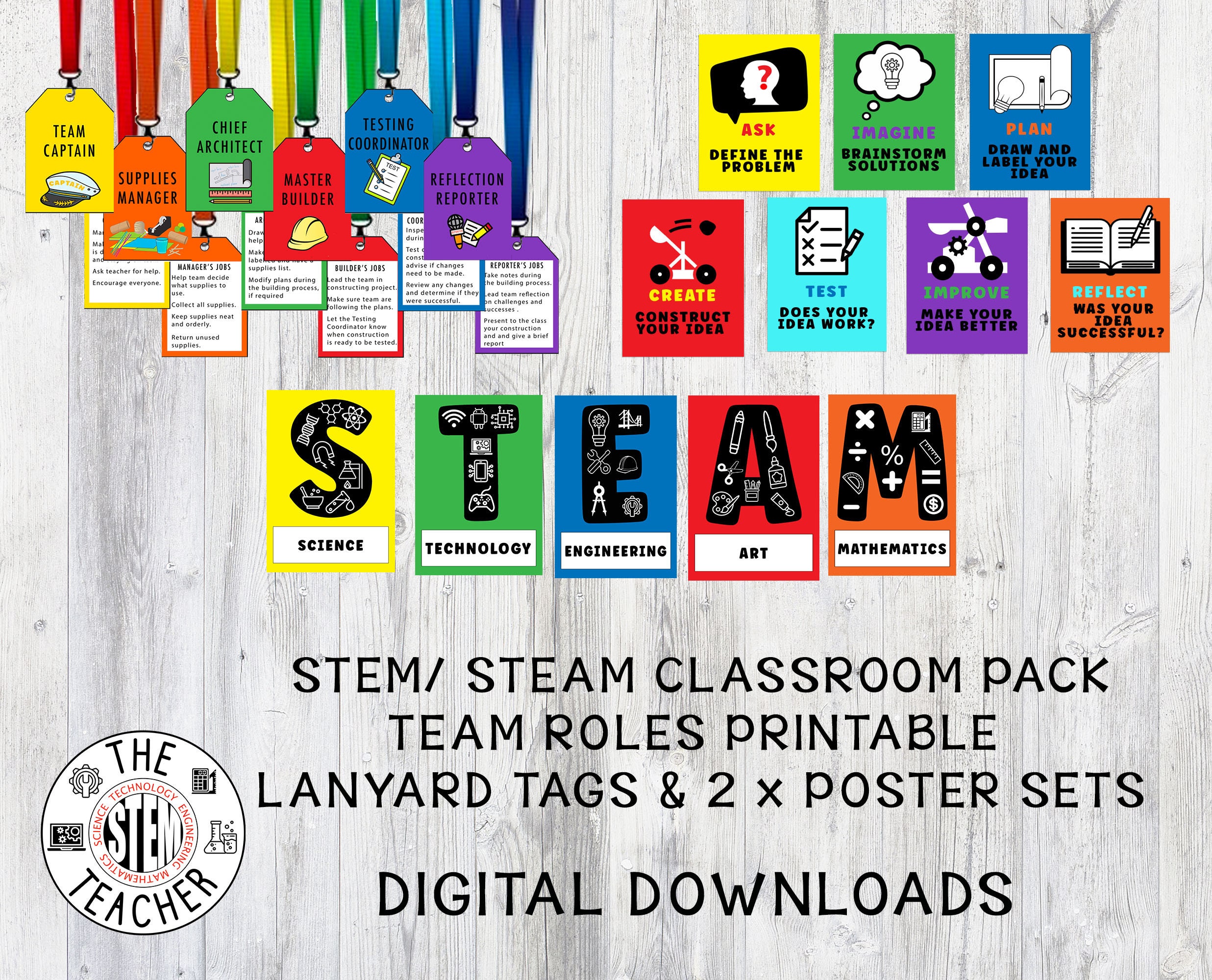 STEM / STEAM Classroom Set Team Roles Printable Lanyard Tags & Poster ...