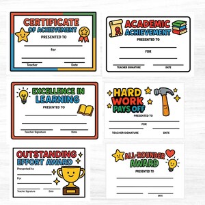 50 Student Award Certificates | Bright Cartoon Style | End of Year ...