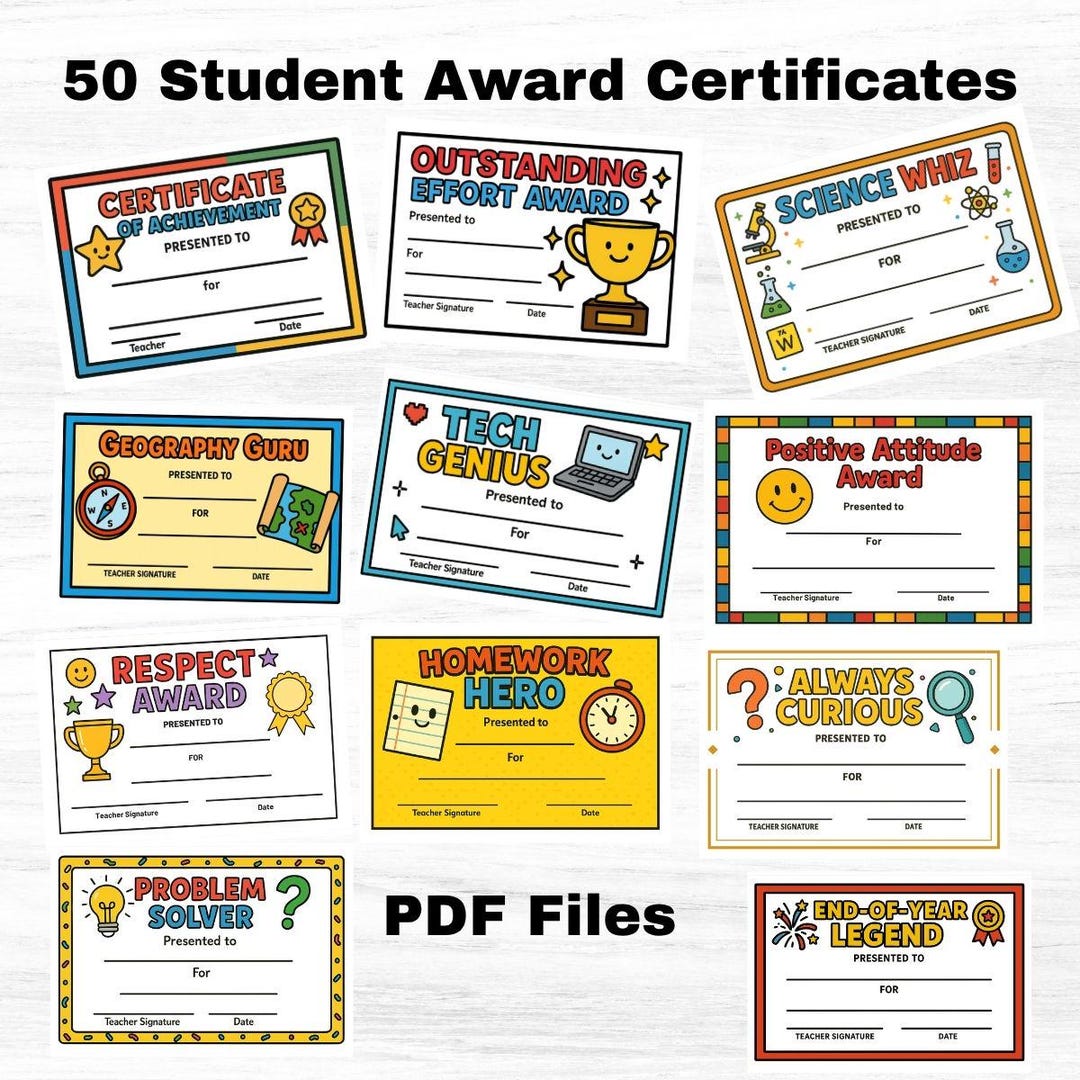 50 Student Award Certificates | Bright Cartoon Style | End of Year ...