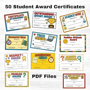 50 Student Award Certificates | Bright Cartoon Style | End of Year ...