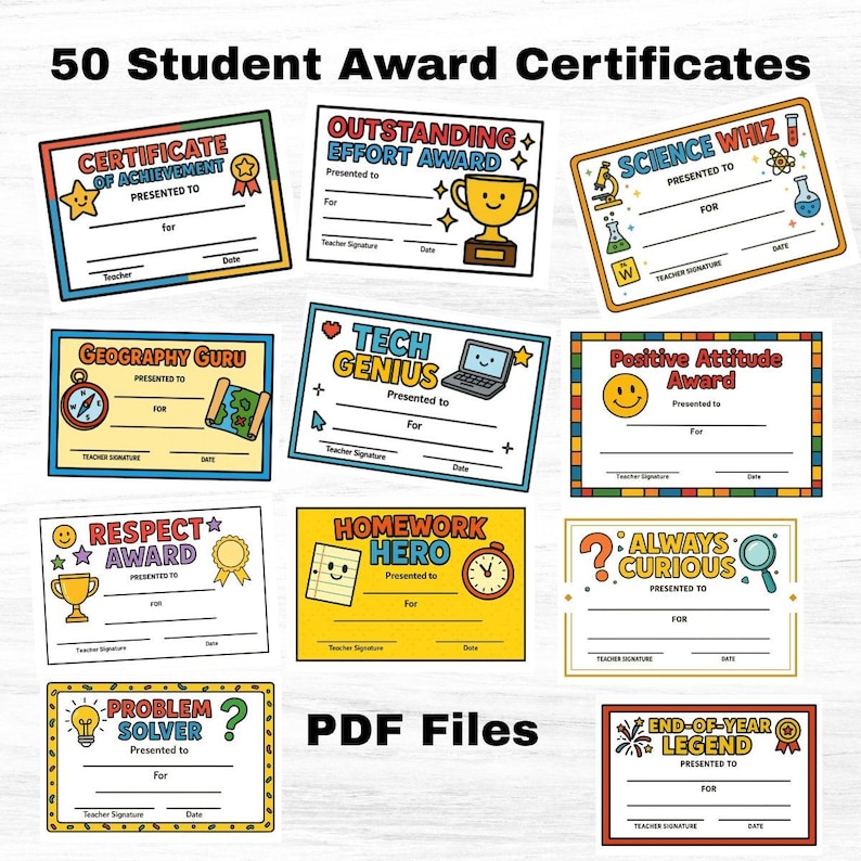 50 Student Award Certificates | Bright Cartoon Style | End of Year ...