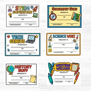 50 Student Award Certificates | Bright Cartoon Style | End of Year ...