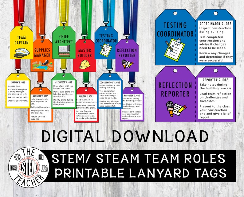 STEM / STEAM Classroom Set Team Roles Printable Lanyard Tags & Poster ...