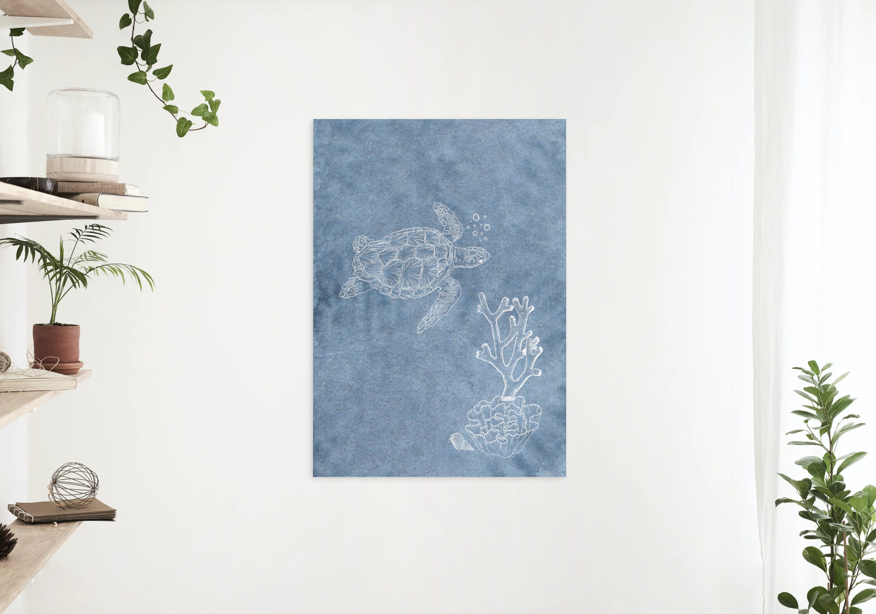 Blue Sketched Turtle and Coral Digital Downloadable Print - Etsy