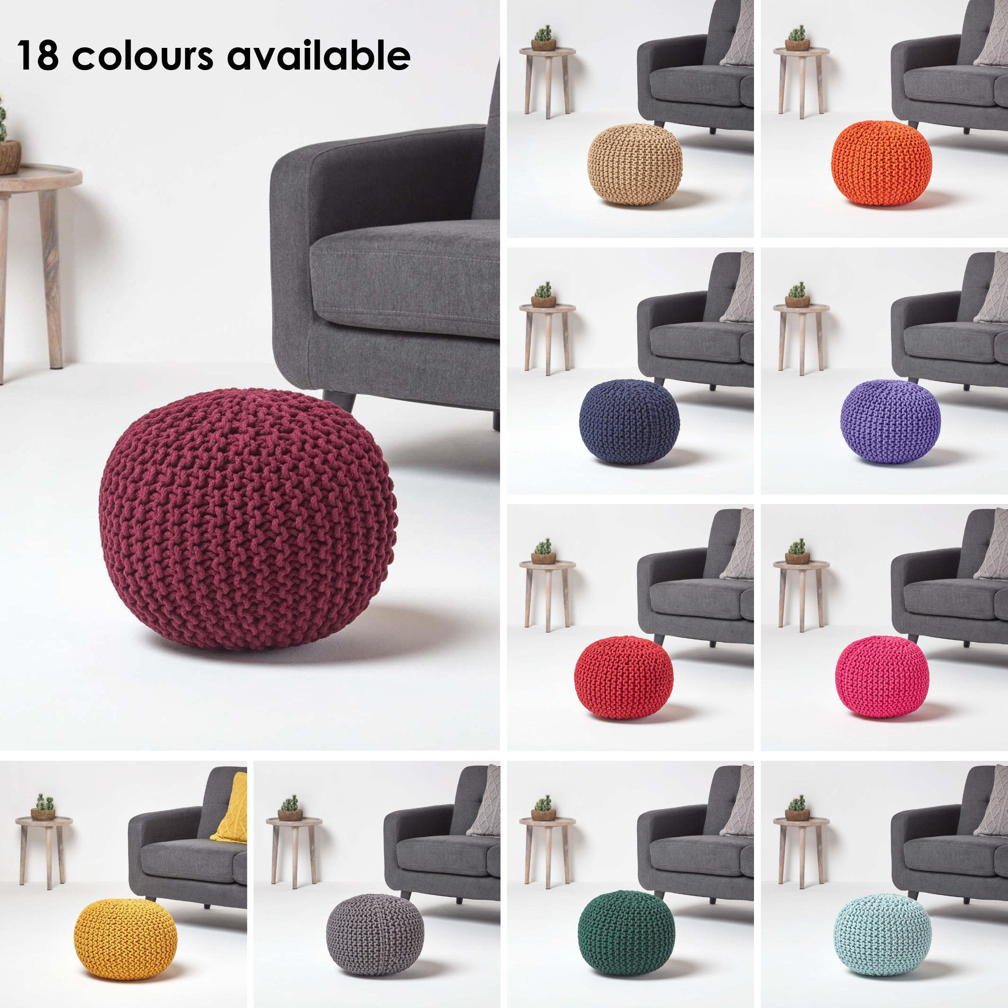 Handmade 100% Cotton Cover Round Knitted Pouffe Footstool (35cm X 40cm ...