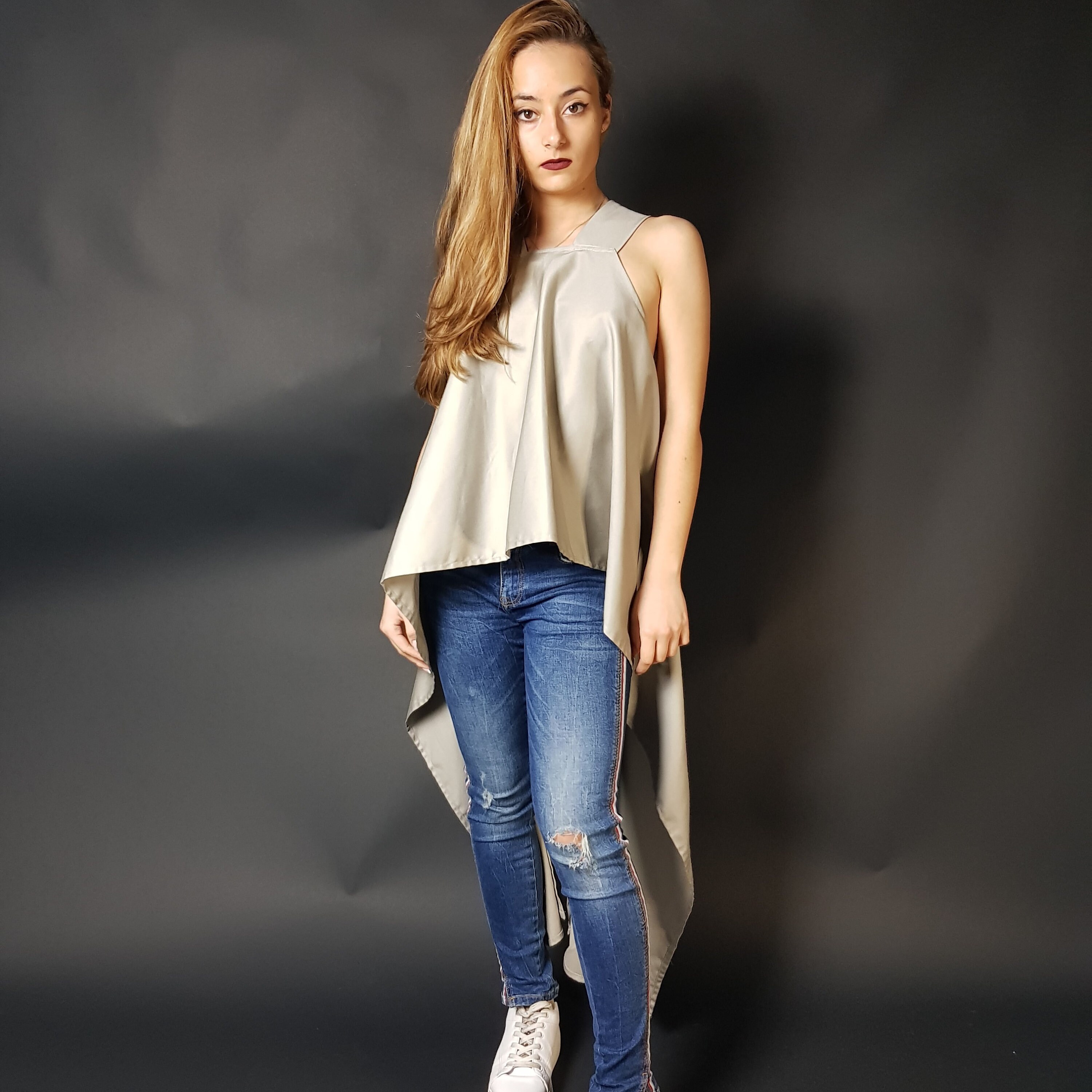 Hi Low Tunic Top, Beige Open Back Top, Asymmetric Cold Shoulder Tunic ...