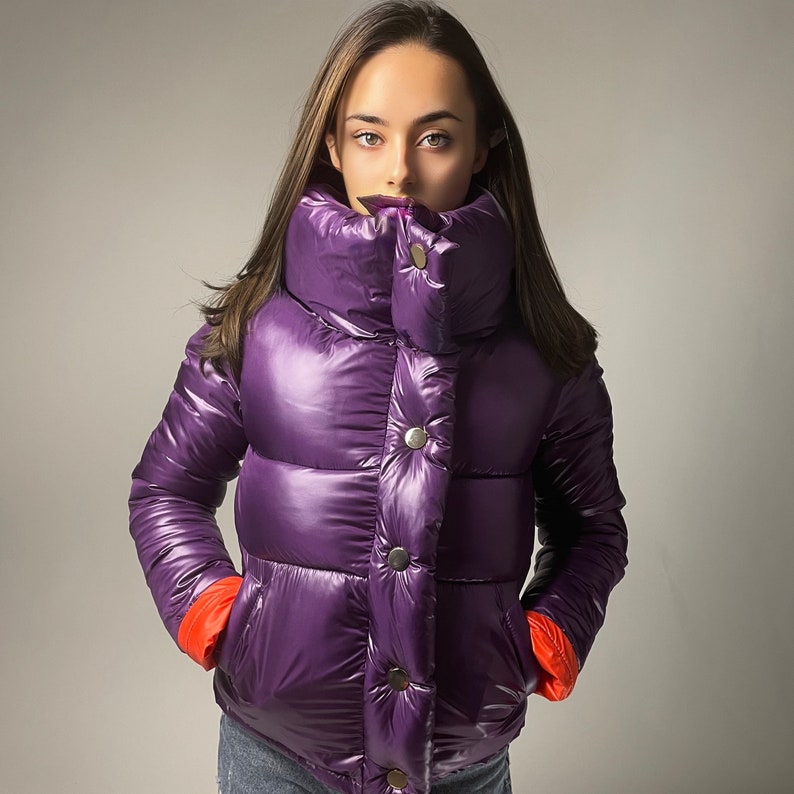 Purple Puffer Jacket, Down Jacket, Winter High Collar Jacket, Quilted ...
