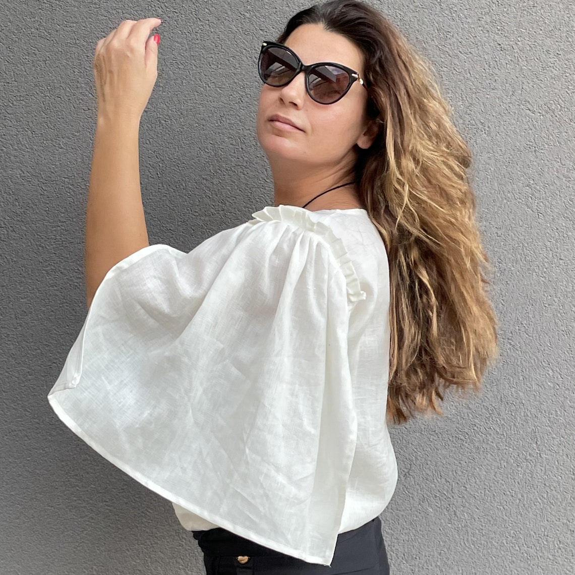 Split Sleeves Linen Blouse, White Loose Flax Shirt, Elegant Linen Top ...