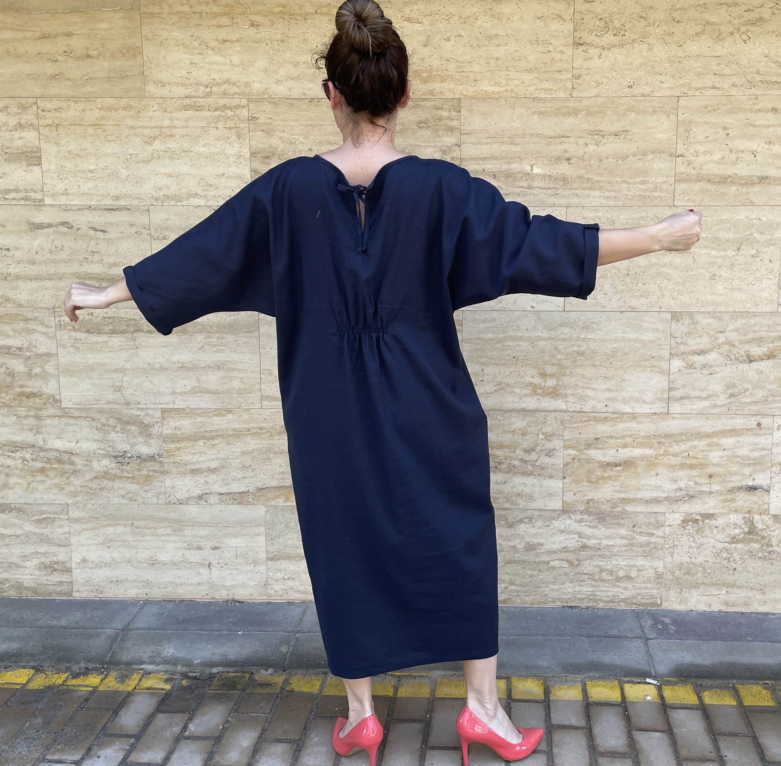 Blue Linen Modest Ruched Dress, Loose Maxi Pocket Dress, Keyhole Casual ...