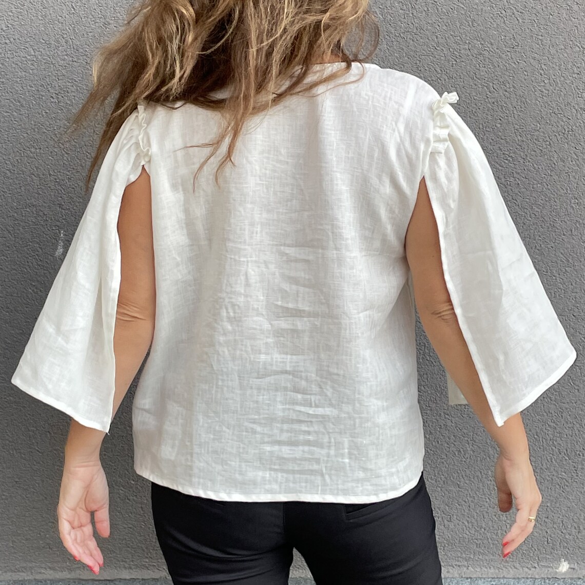 Split Sleeves Linen Blouse, White Loose Flax Shirt, Elegant Linen Top ...