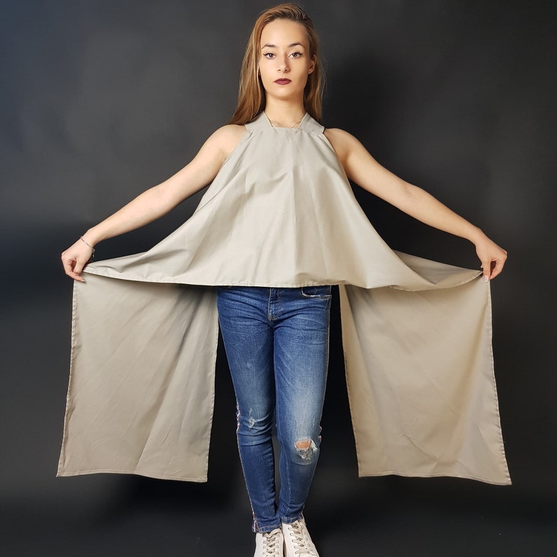 Hi Low Tunic Top, Beige Open Back Top, Asymmetric Cold Shoulder Tunic ...