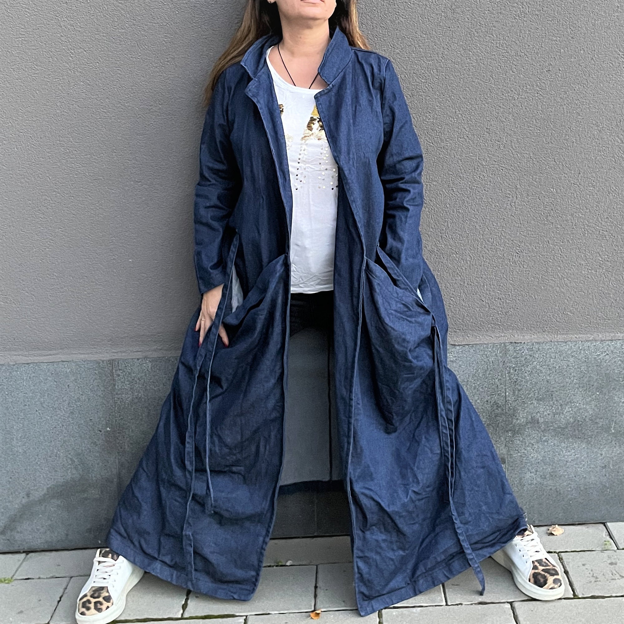 Maxi Denim Wrap Coat, Extravagant Long Jean Jacket, Asymmetrical Trench ...