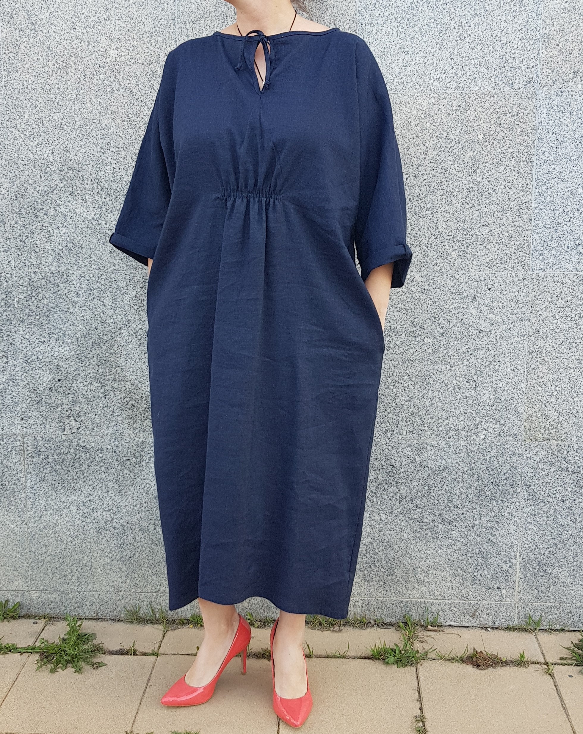 Blue Linen Keyhole Dress, Maxi Bow Tie Dress, Ruched Flax Midi Dress ...