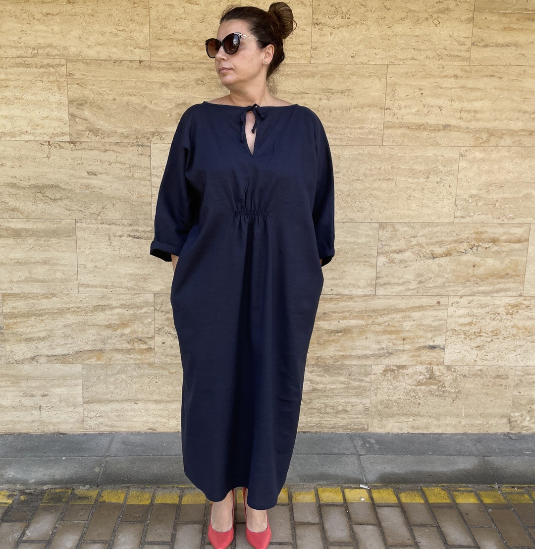 Blue Linen Modest Ruched Dress, Loose Maxi Pocket Dress, Keyhole Casual ...
