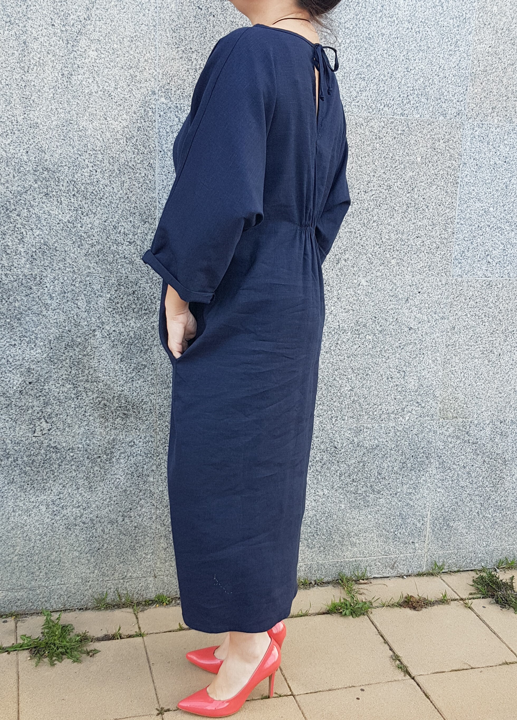 Blue Linen Keyhole Dress Maxi Bow Tie Dress Ruched Flax Midi - Etsy