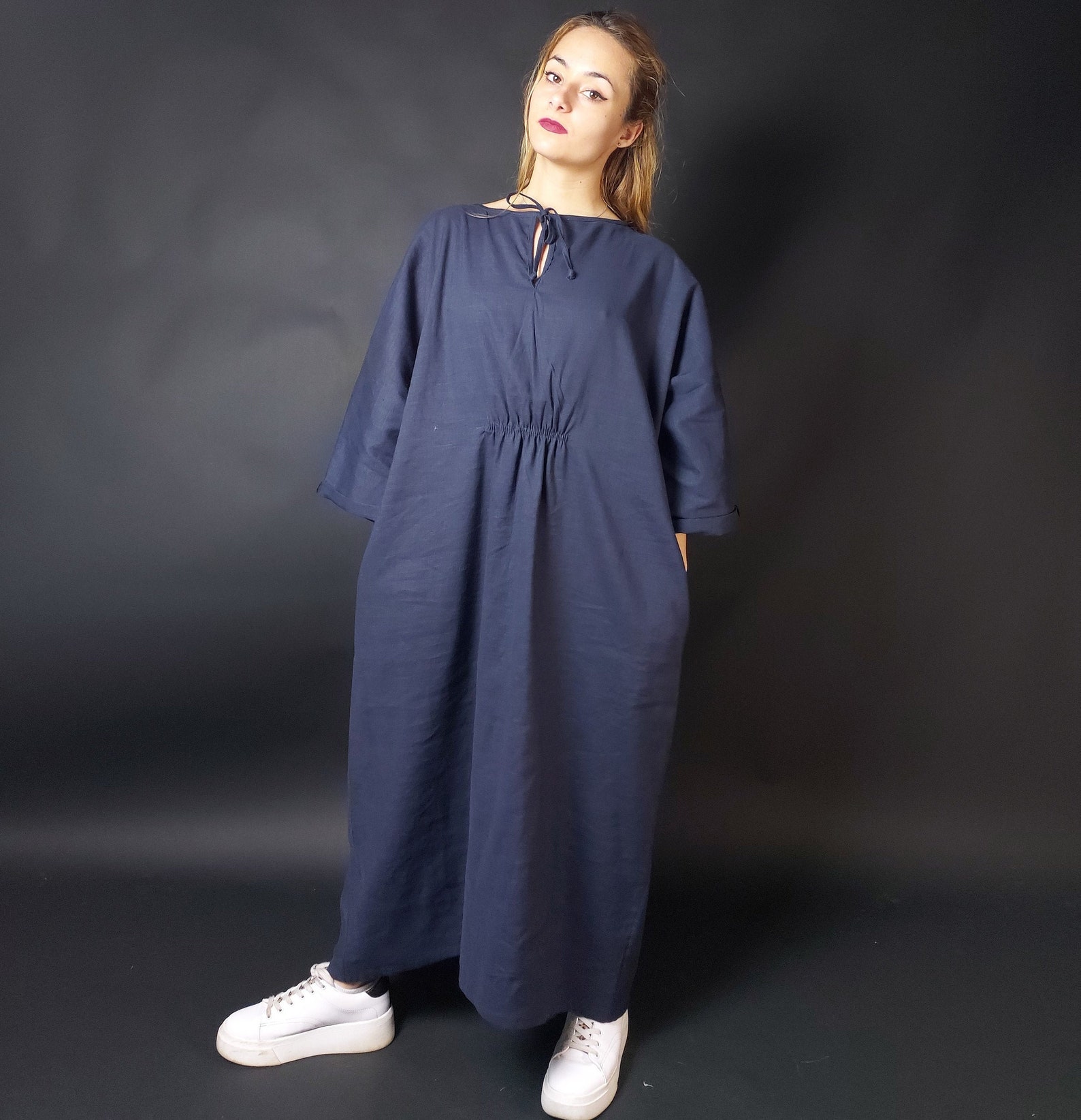 Blue Linen Keyhole Dress, Maxi Bow Tie Dress, Ruched Flax Midi Dress ...