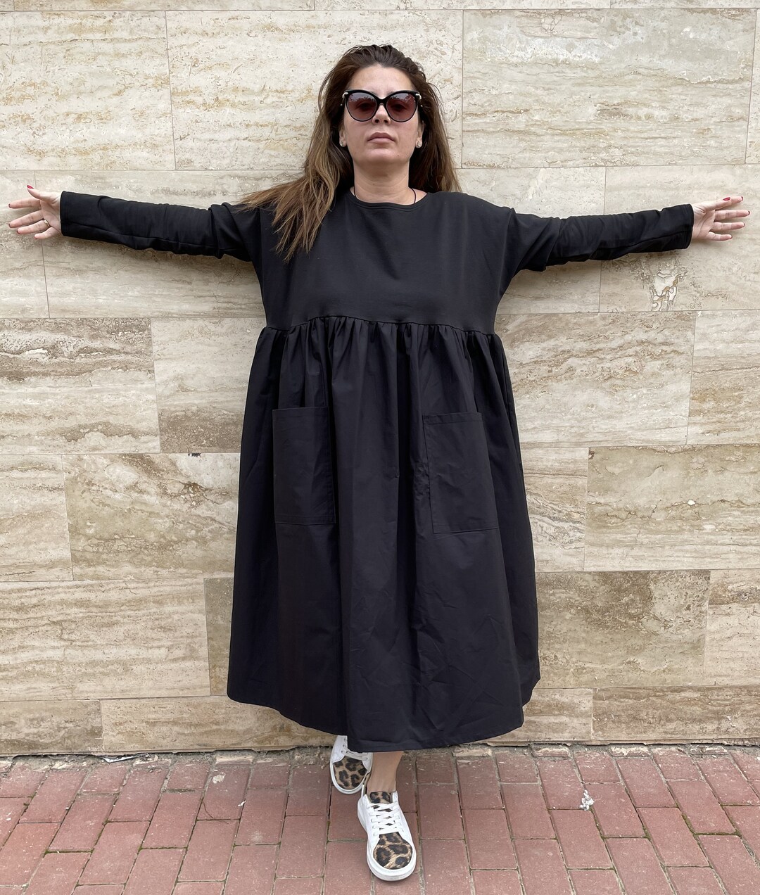 Loose Cotton Draped Maxi Dress, Oversized Shift Large Pockets Dress, 2X ...