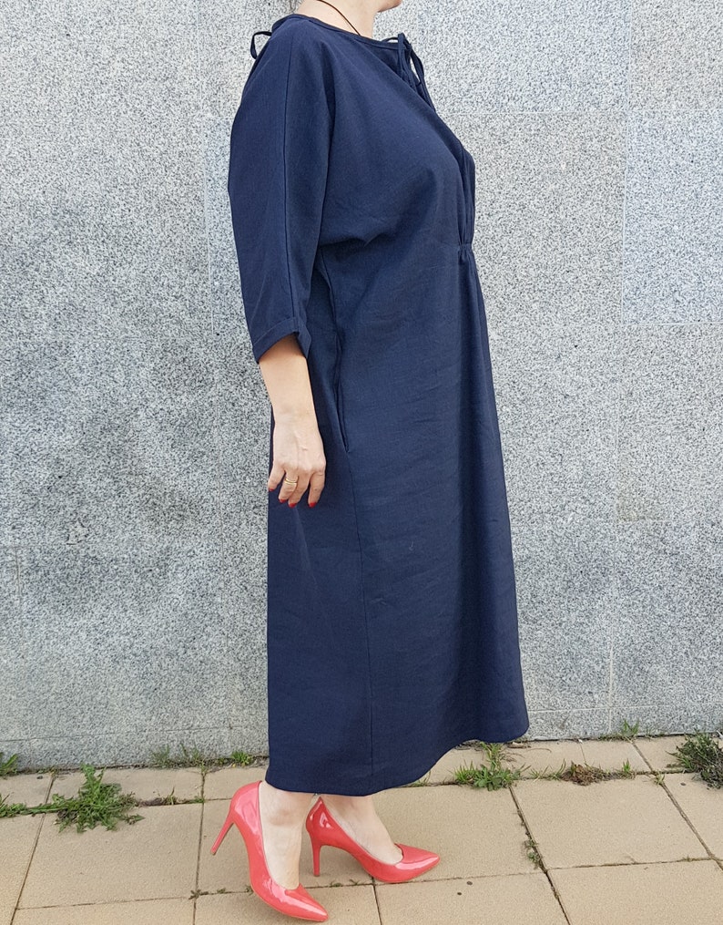 Blue Linen Keyhole Dress, Maxi Bow Tie Dress, Ruched Flax Midi Dress ...
