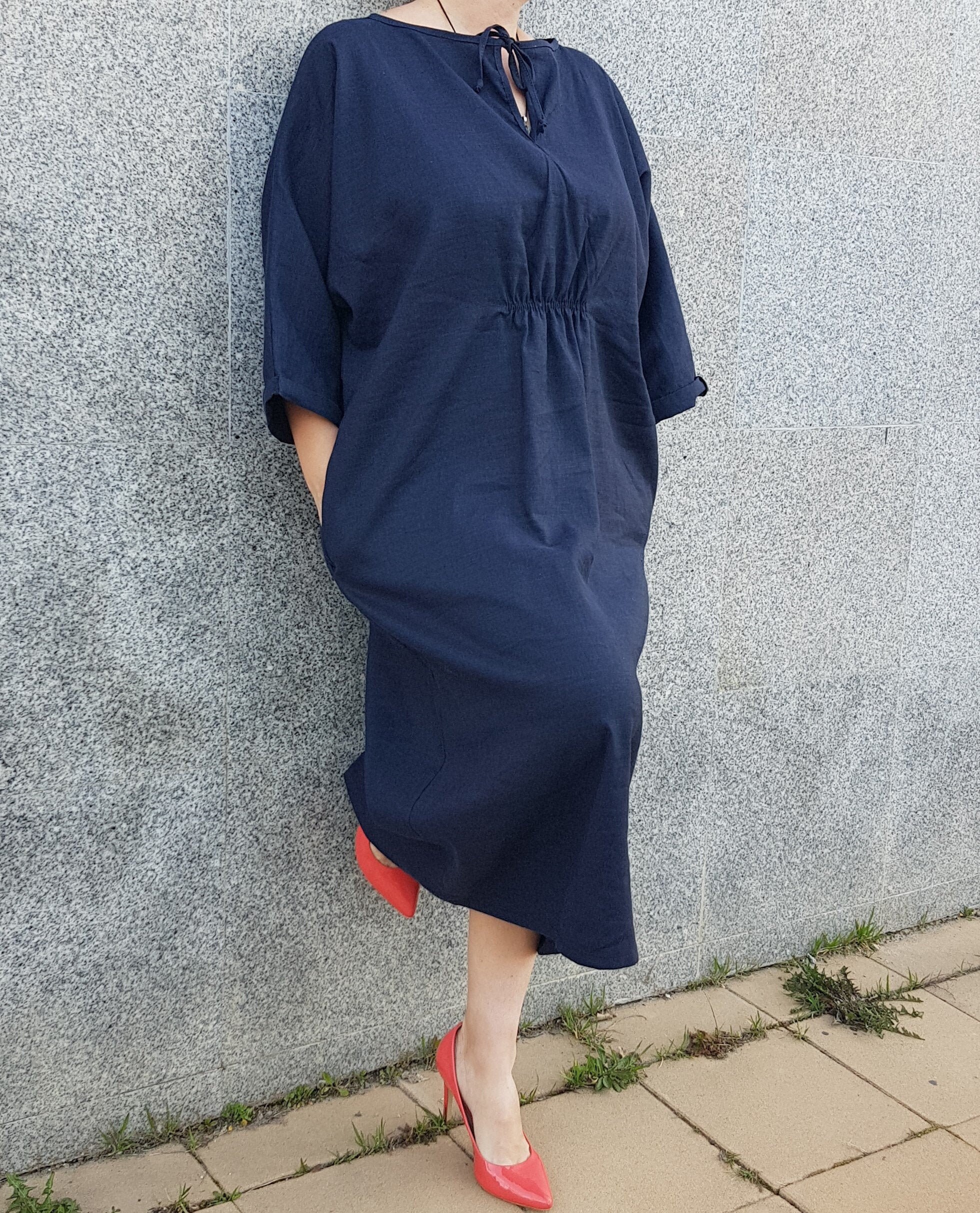 Blue Linen Modest Ruched Dress, Loose Maxi Pocket Dress, Keyhole Casual ...