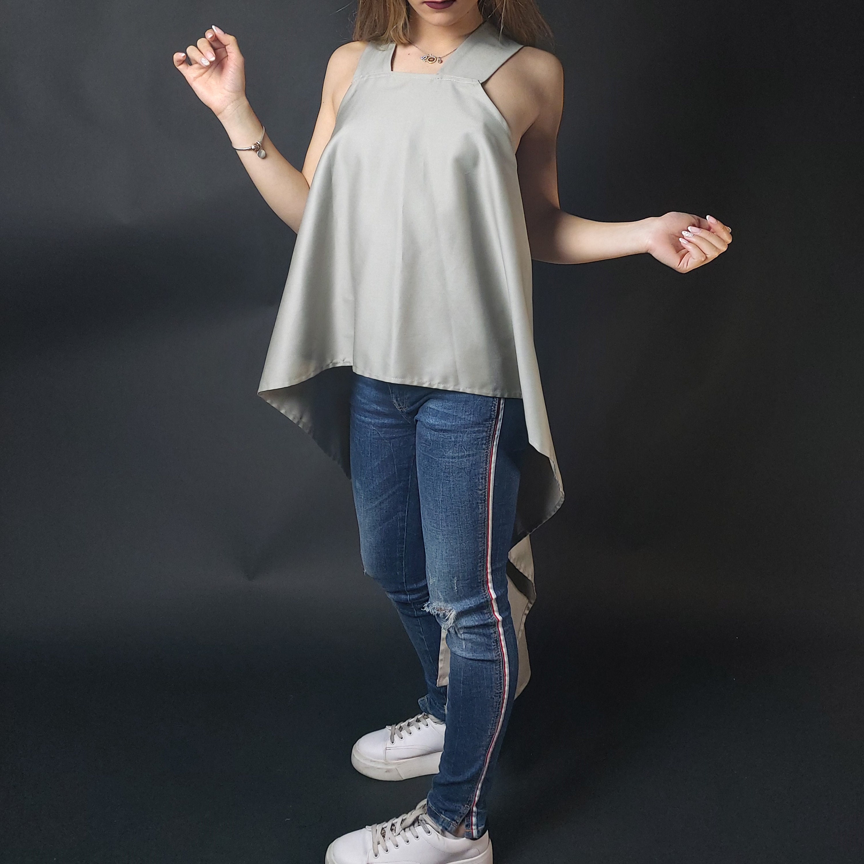 Hi Low Tunic Top, Beige Open Back Top, Asymmetric Cold Shoulder Tunic ...