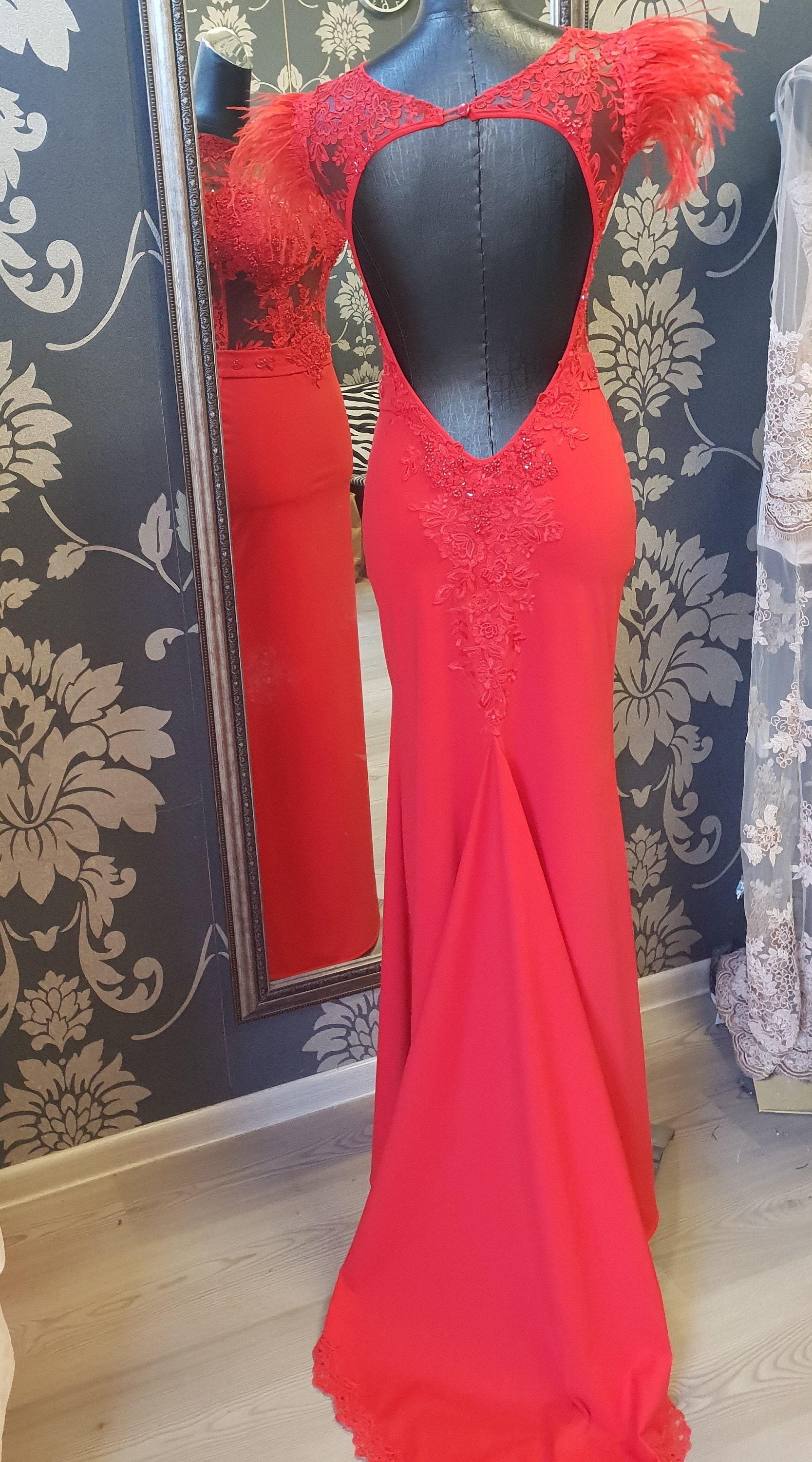 Unique Red Backless Prom Dress Long Lace and Feathers - Etsy