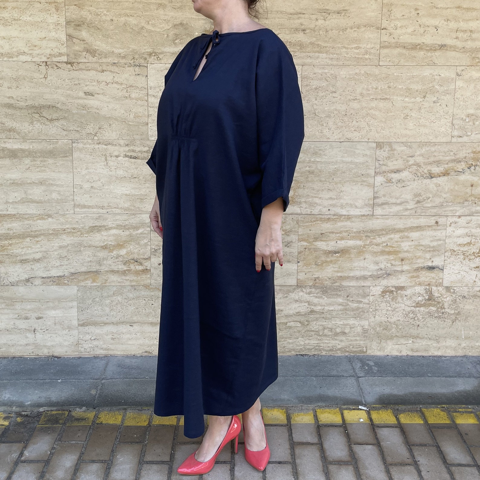 Blue Linen Modest Ruched Dress, Loose Maxi Pocket Dress, Keyhole Casual ...