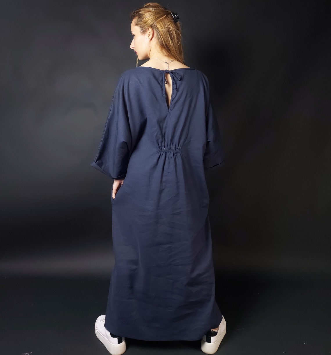 Blue Linen Keyhole Dress, Maxi Bow Tie Dress, Ruched Flax Midi Dress ...