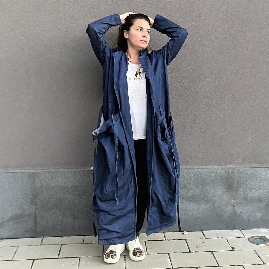 Maxi Denim Wrap Coat, Extravagant Long Jean Jacket, Asymmetrical Trench ...