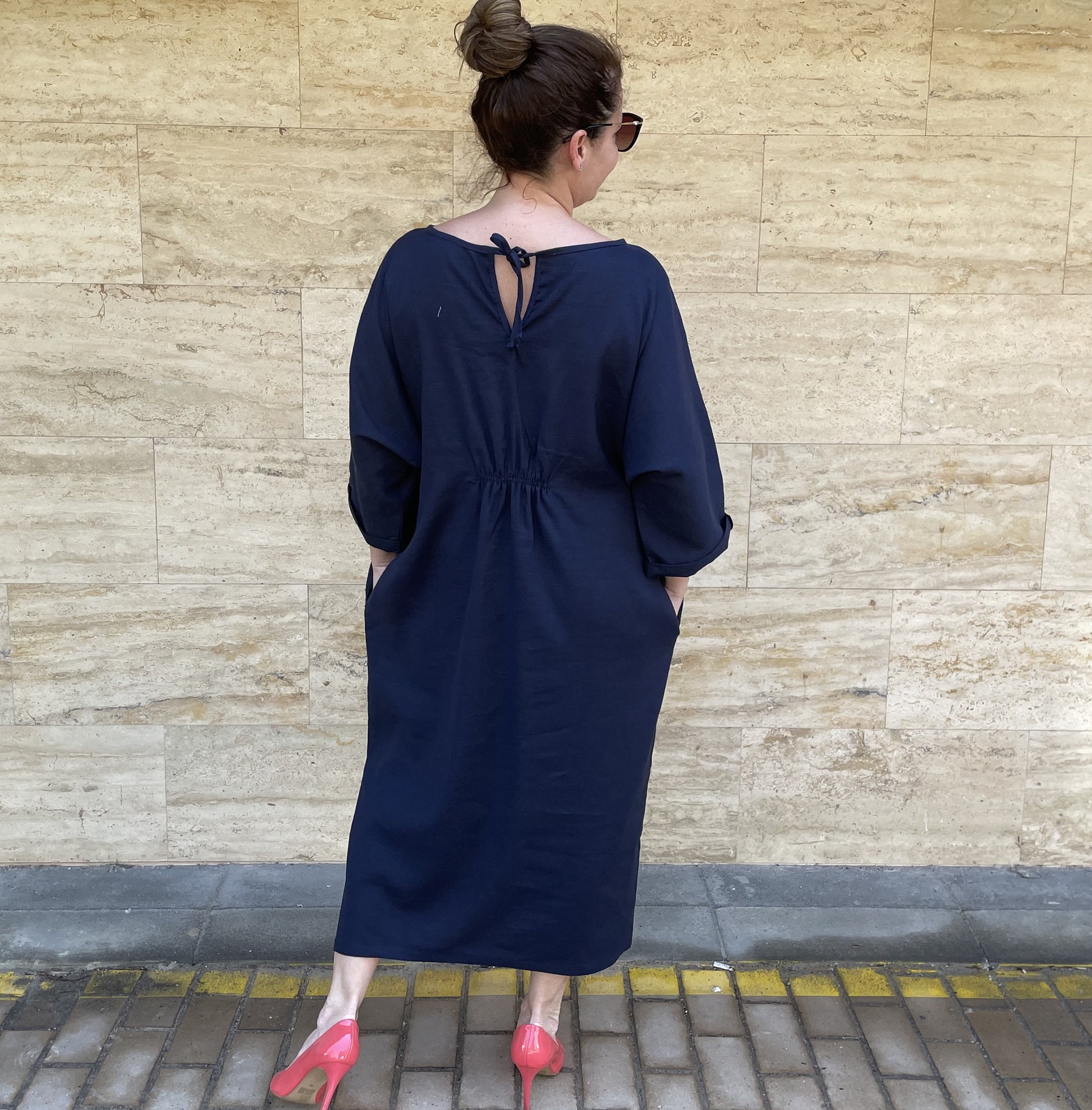 Blue Linen Modest Ruched Dress, Loose Maxi Pocket Dress, Keyhole Casual ...