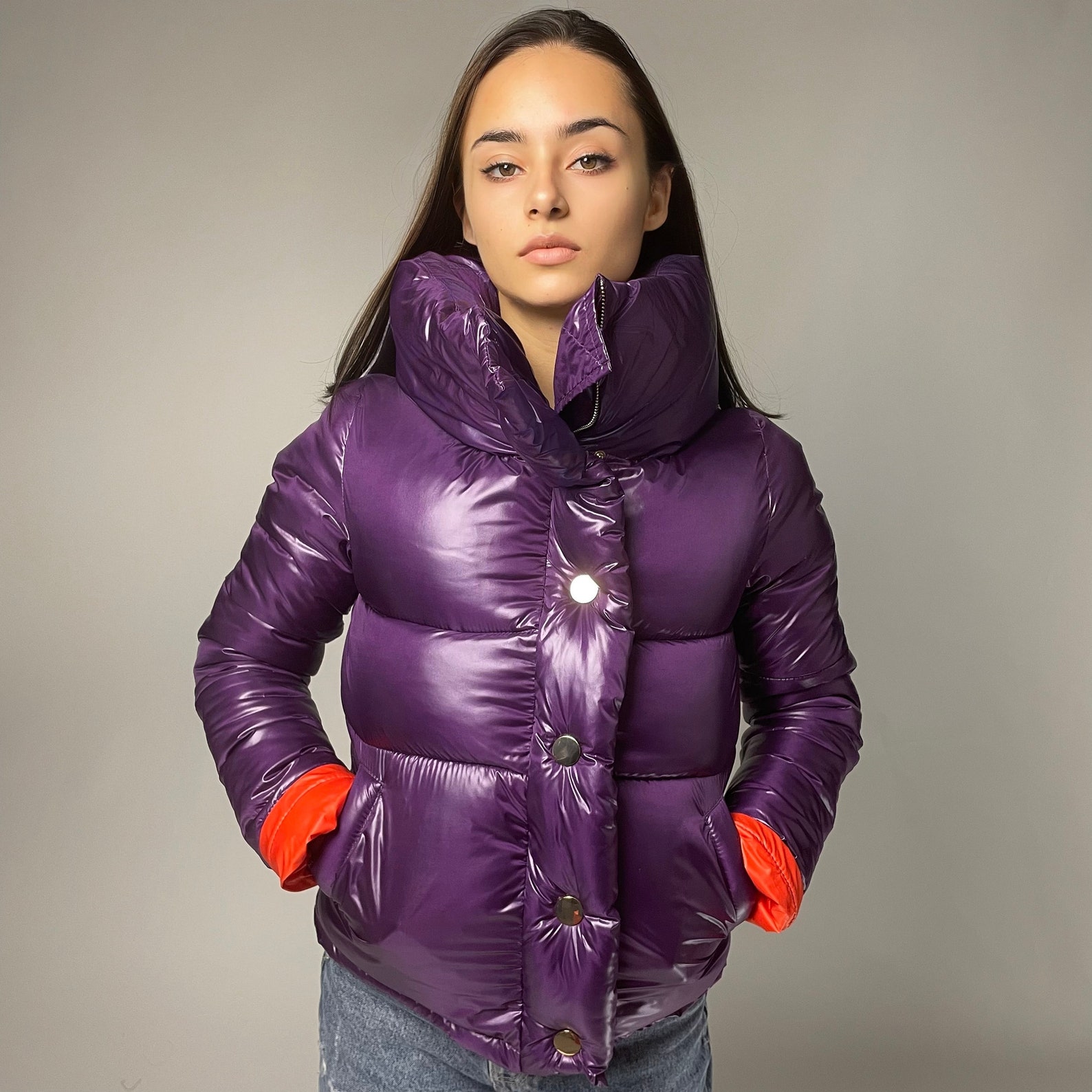 Purple Puffer Jacket, Down Jacket, Winter High Collar Jacket, Quilted ...