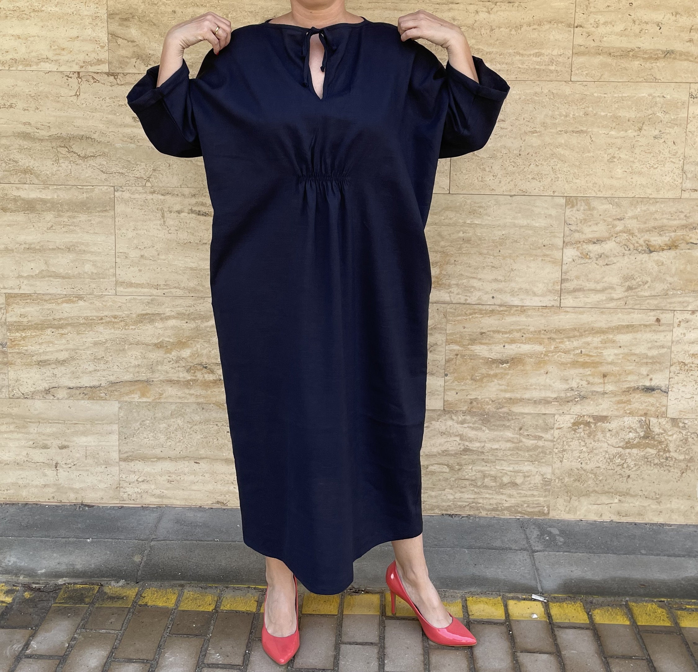 Blue Linen Modest Ruched Dress, Loose Maxi Pocket Dress, Keyhole Casual ...