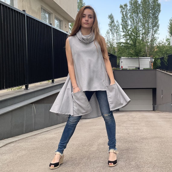 Asymmetric Linen Pocket Tunic Light Grey High Low Top | Etsy