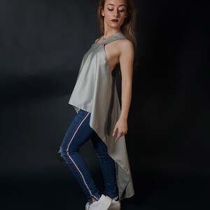Hi Low Tunic Top, Beige Open Back Top, Asymmetric Cold Shoulder Tunic ...