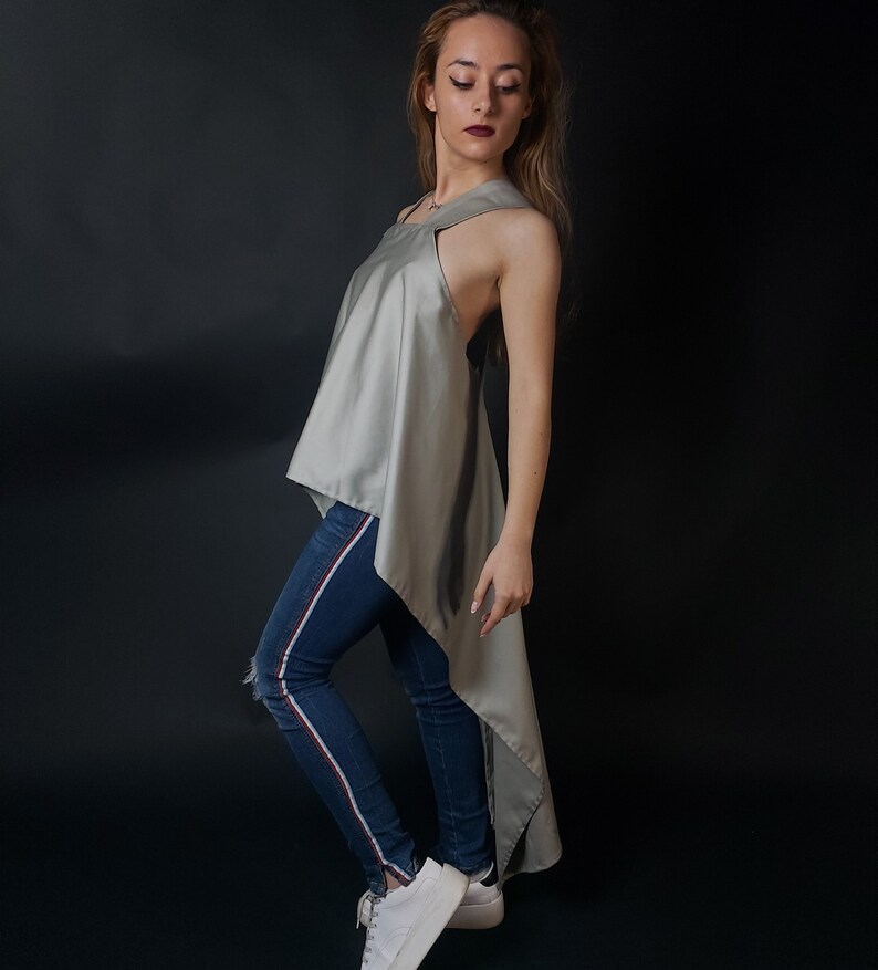 Hi Low Tunic Top, Beige Open Back Top, Asymmetric Cold Shoulder Tunic ...