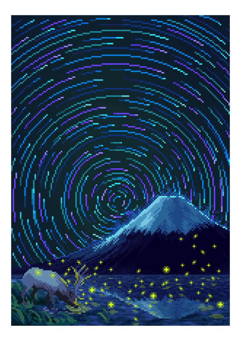Pixel Art Mount Fuji Landscape Retro 8 Bit Night Sky Print Unique Gift ...