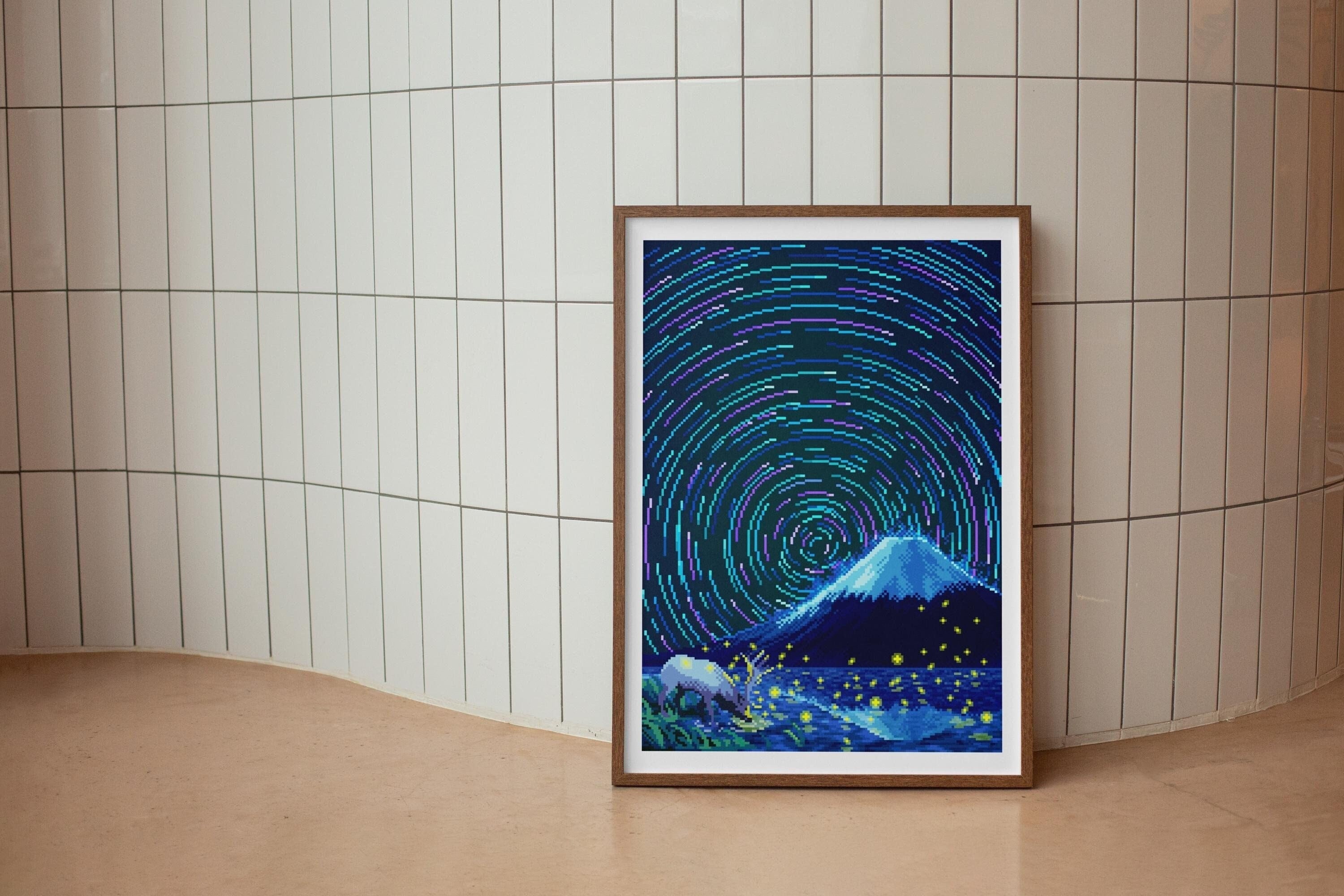 Pixel Art Mount Fuji Landscape Retro 8 Bit Night Sky Print Unique Gift ...