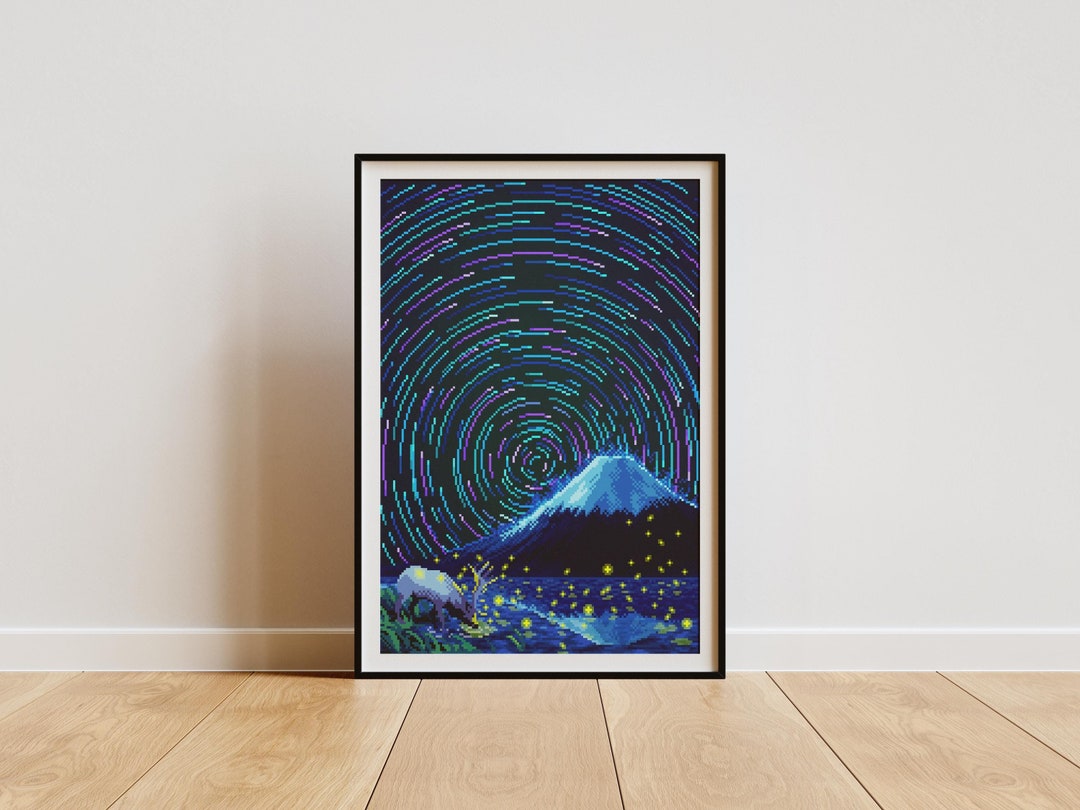 Pixel Art Mount Fuji Landscape Retro 8 Bit Night Sky Print Unique Gift ...
